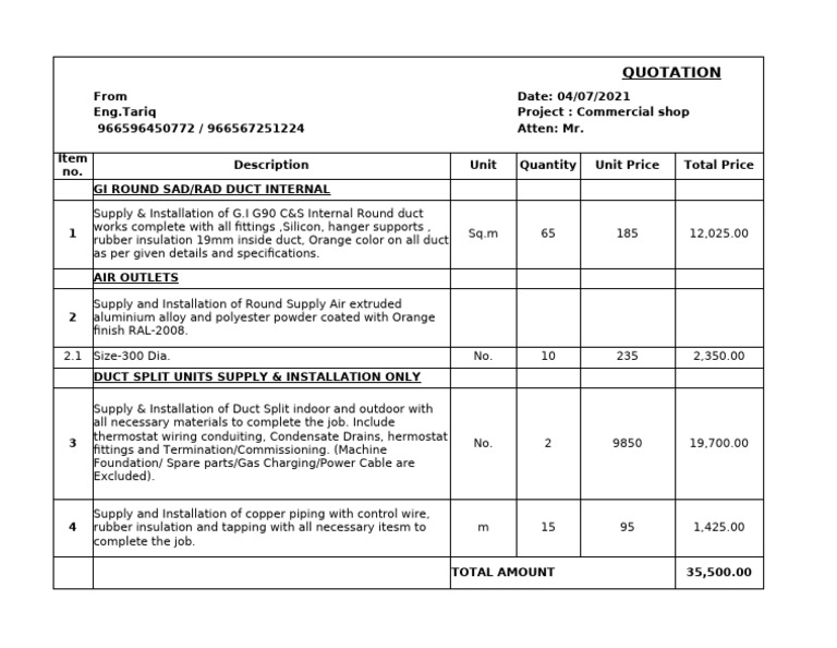 Hvac Works Quotation 25-06-2021 Commercial Shop | PDF