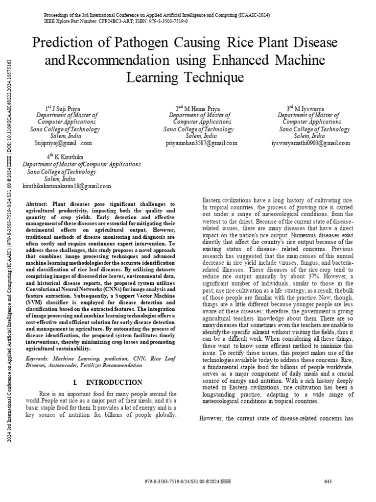 Prediction of Pathogen Causing Rice Plant Disease and Recommendation Using Enhanced Machine ...