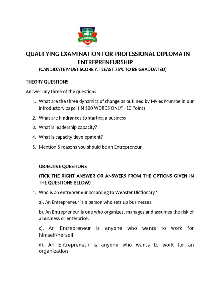 Professional Diploma Entrepreneurship Exam | PDF | Entrepreneurship