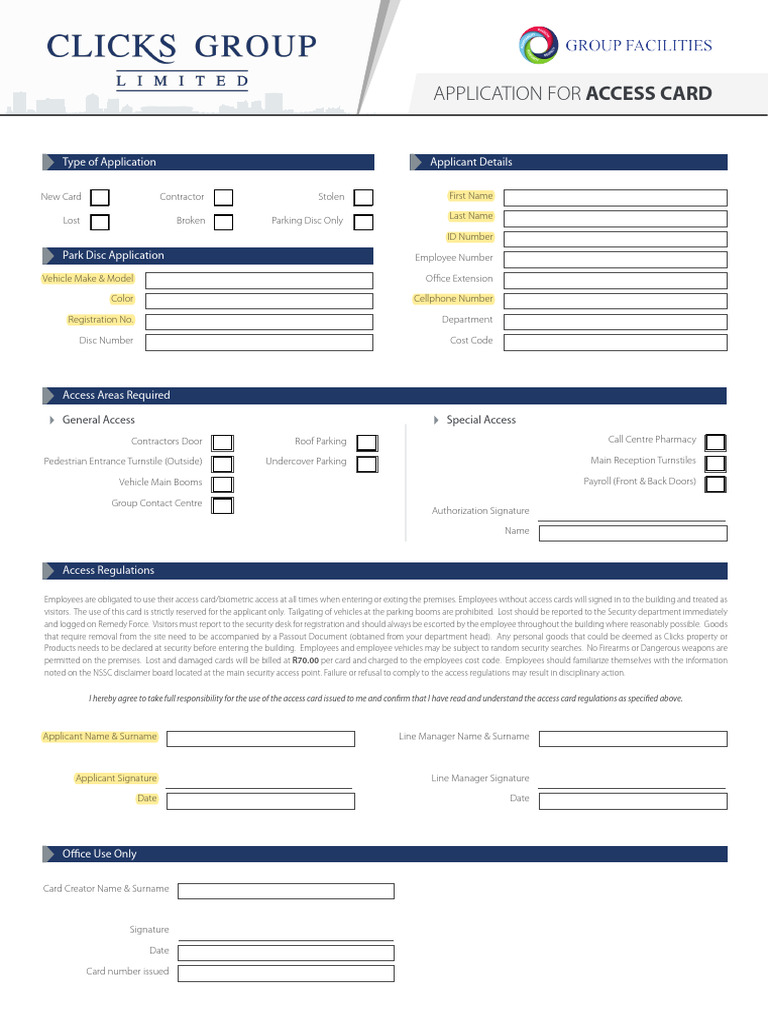 Application For Access Card Form | PDF