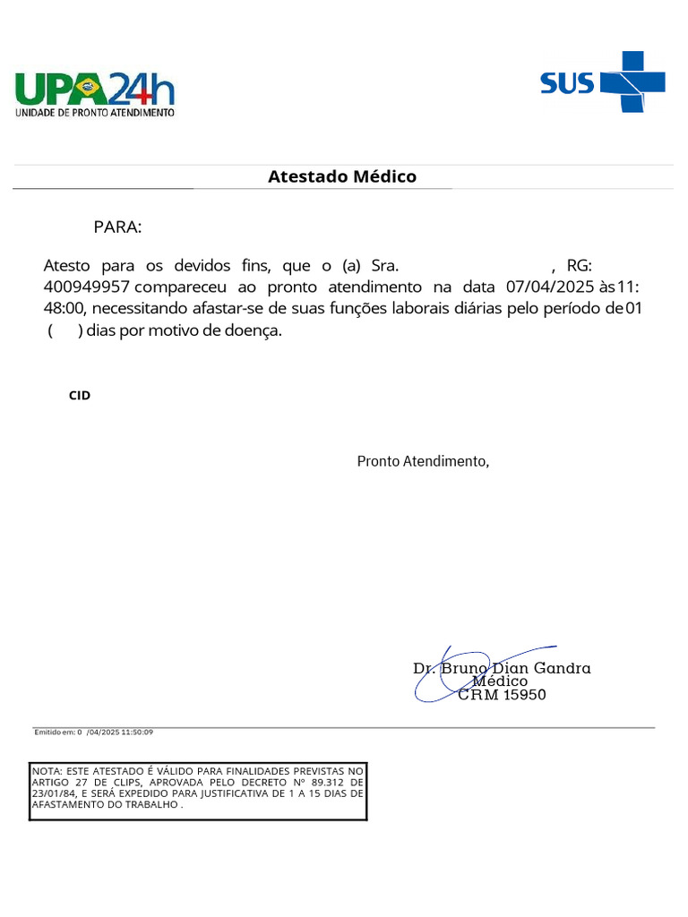 Atestado Médico UPA Salgado Filho | PDF