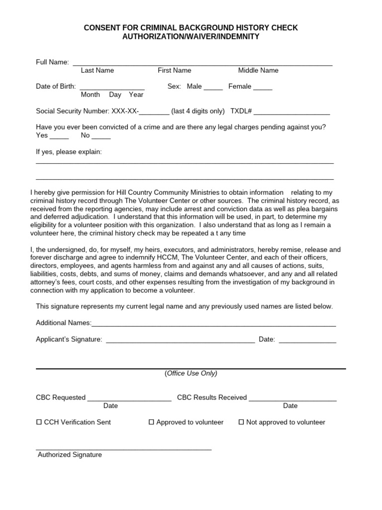 Criminal Background Check Consent Form | PDF | Criminal Record | Indemnity