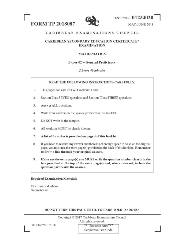 Math Past Paper 2018 | PDF