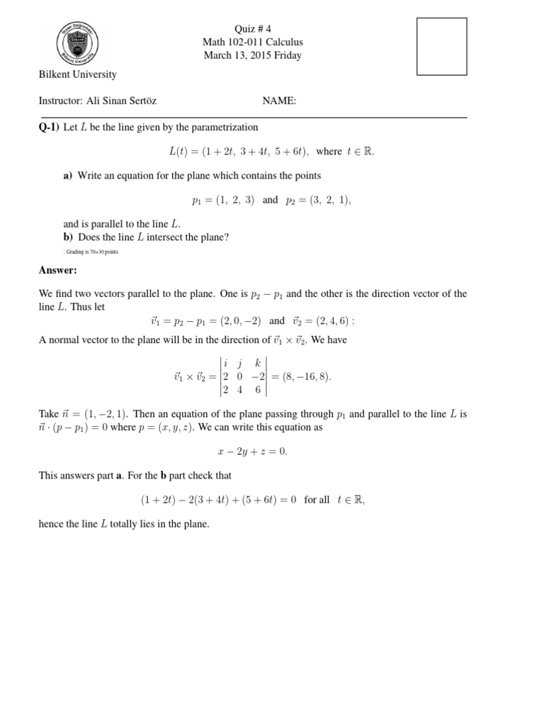 Calculus Quiz: Plane and Line Intersection | PDF
