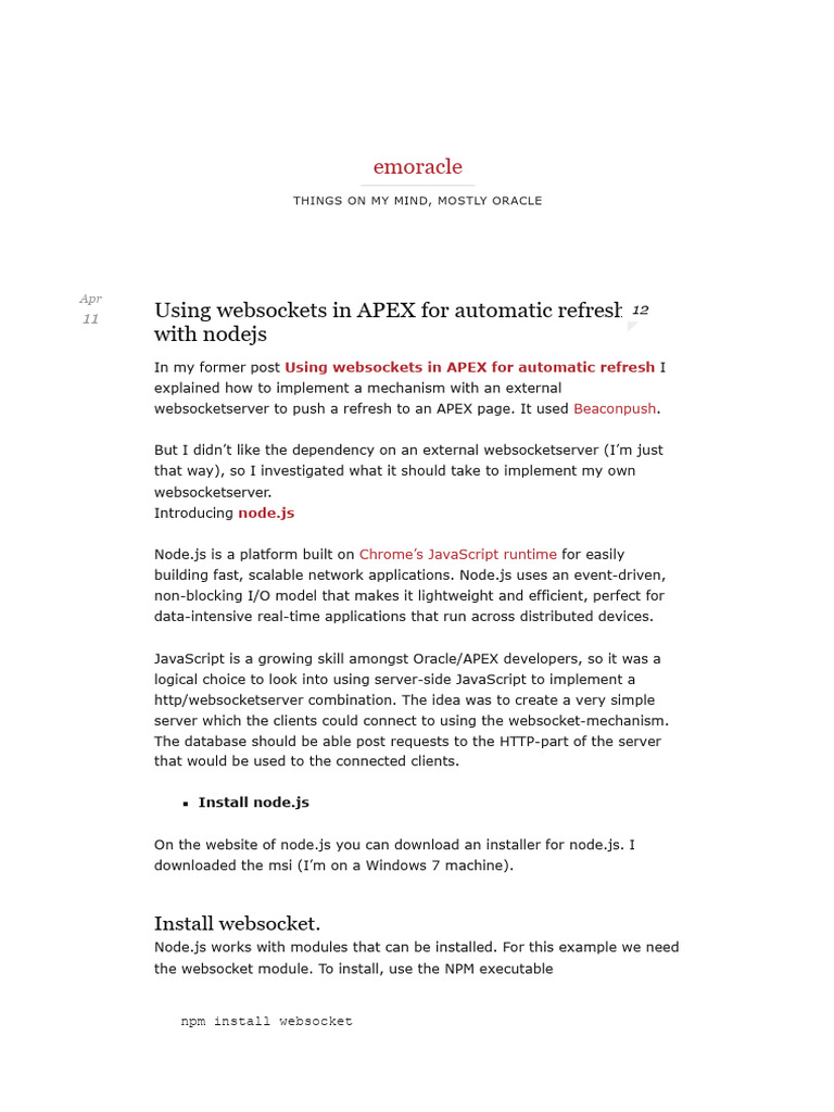 Using Websockets in APEX For Automatic Refresh With Nodejs - Emoracle1 | PDF | Computer ...
