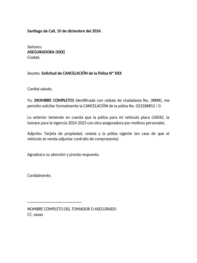 Modelo Carta Solicitud de Cancelación de Poliza 2024 | PDF