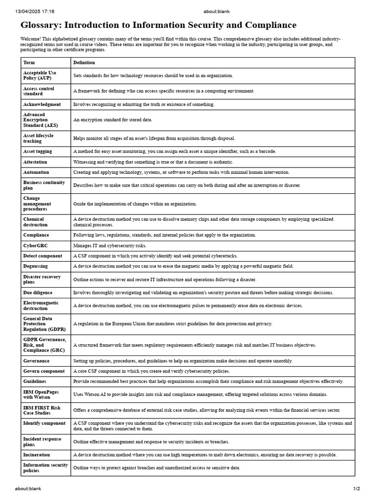 Information Security and Compliance Glossary | PDF | Computer Security ...