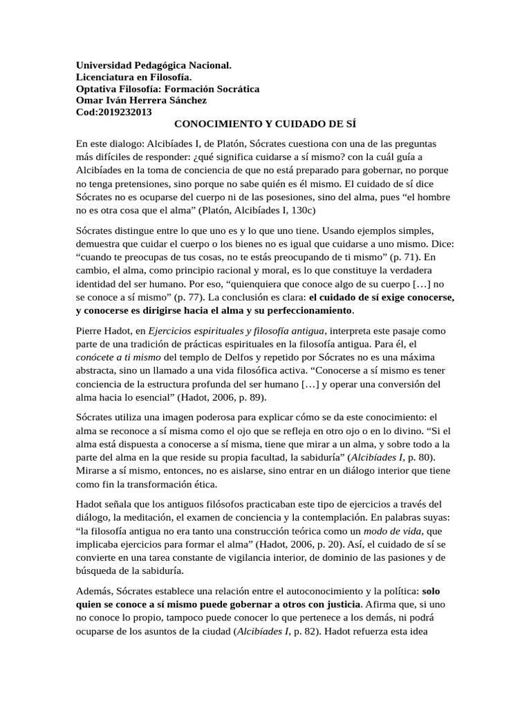 Cuartilla 4 Alcibíades I - Cpnocimiento de Si. | PDF | Sócrates | Alma