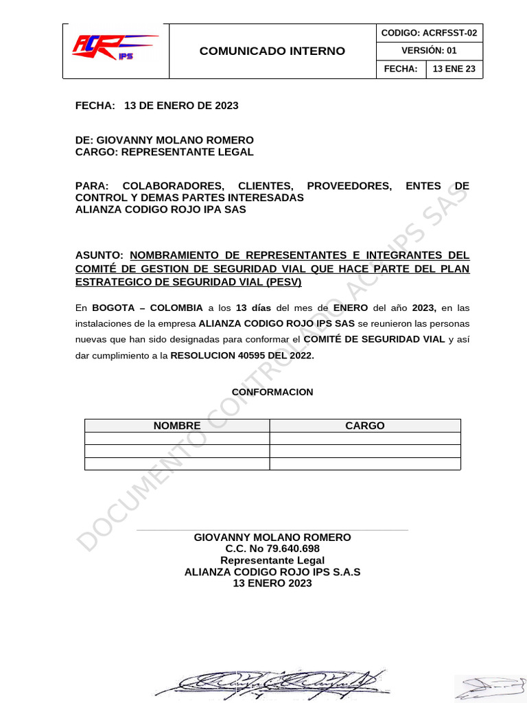 Comunicado Interno - COMITE PESV | PDF