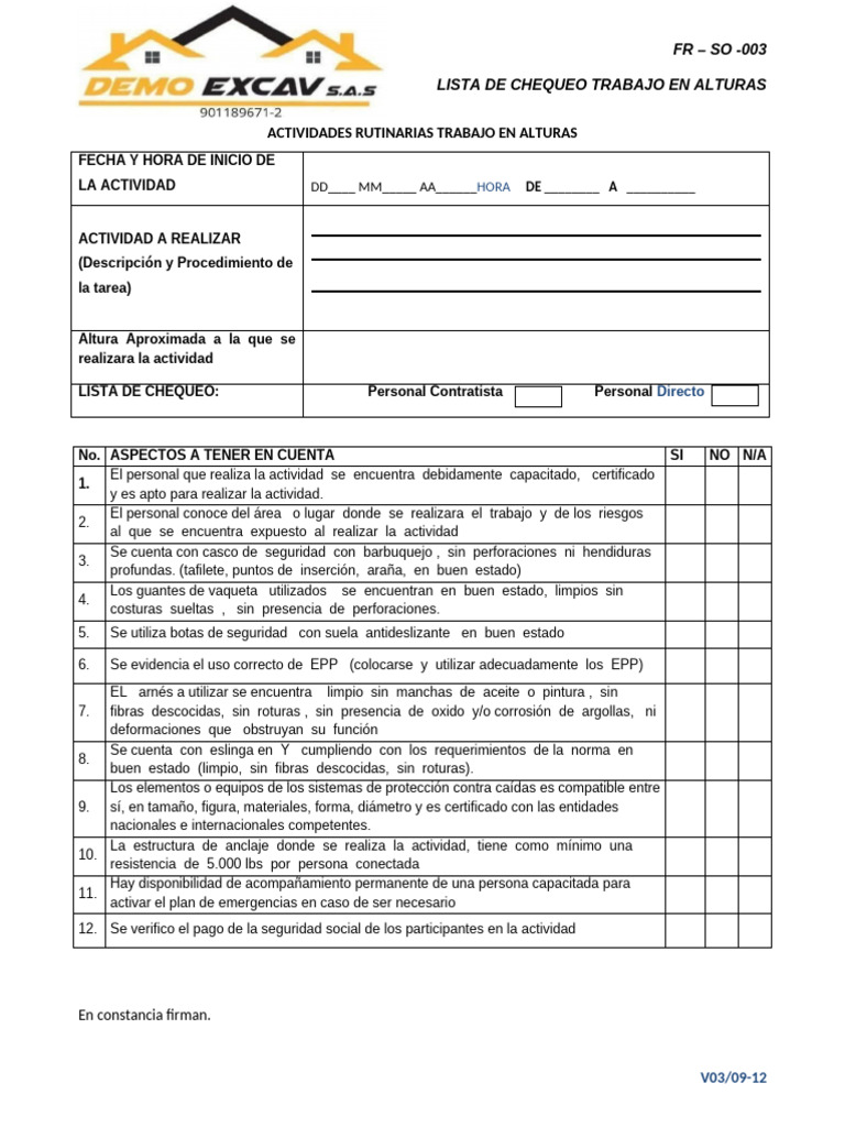 Fr-So-003 Lista de Chequeo Trabajo en Alturas Demoexcav 2 | PDF