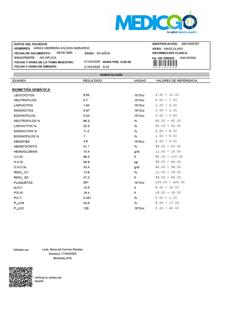 030107000-ARIAS HERRERA WILSON GERARDO | PDF | Hematología | Sangre