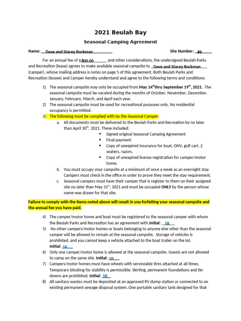 Beulah Bay Seasonal Camping Agreement | PDF | Recreational Vehicle ...