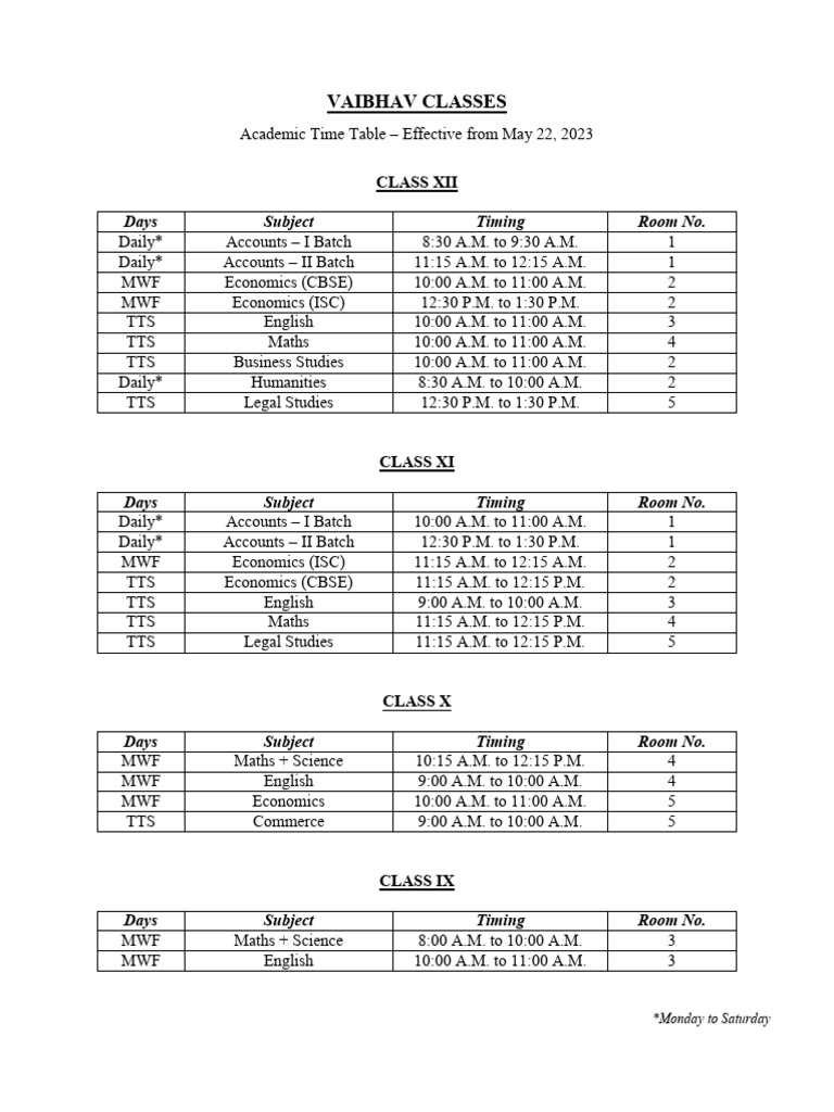 Vaibhav Classes - Time Table (Summer 2023) | PDF