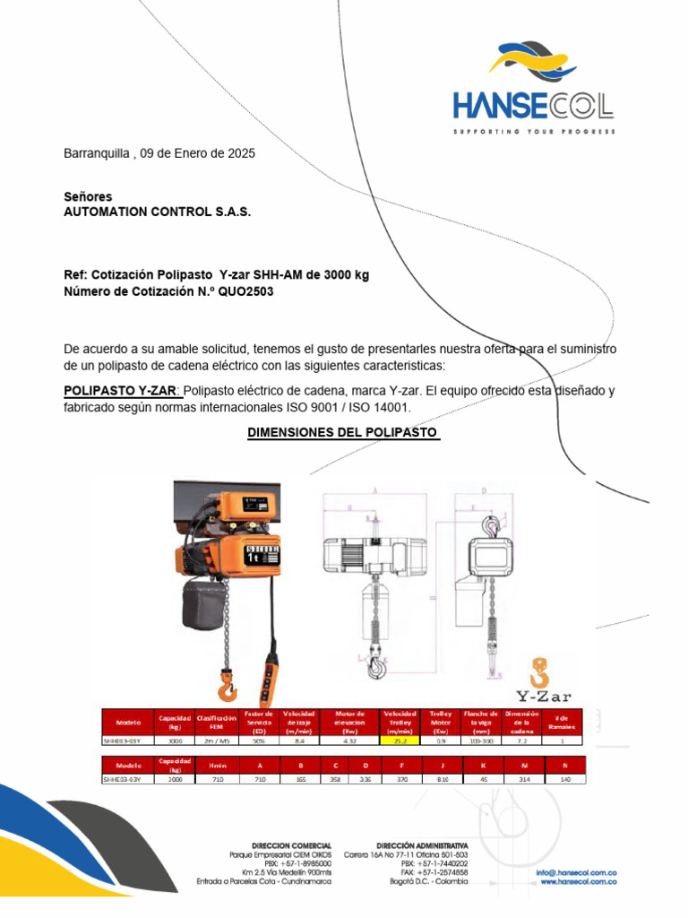 QUO2503 - Polipasto de 3000 KG SIN TROLLEY | PDF | Ingeniería mecánica