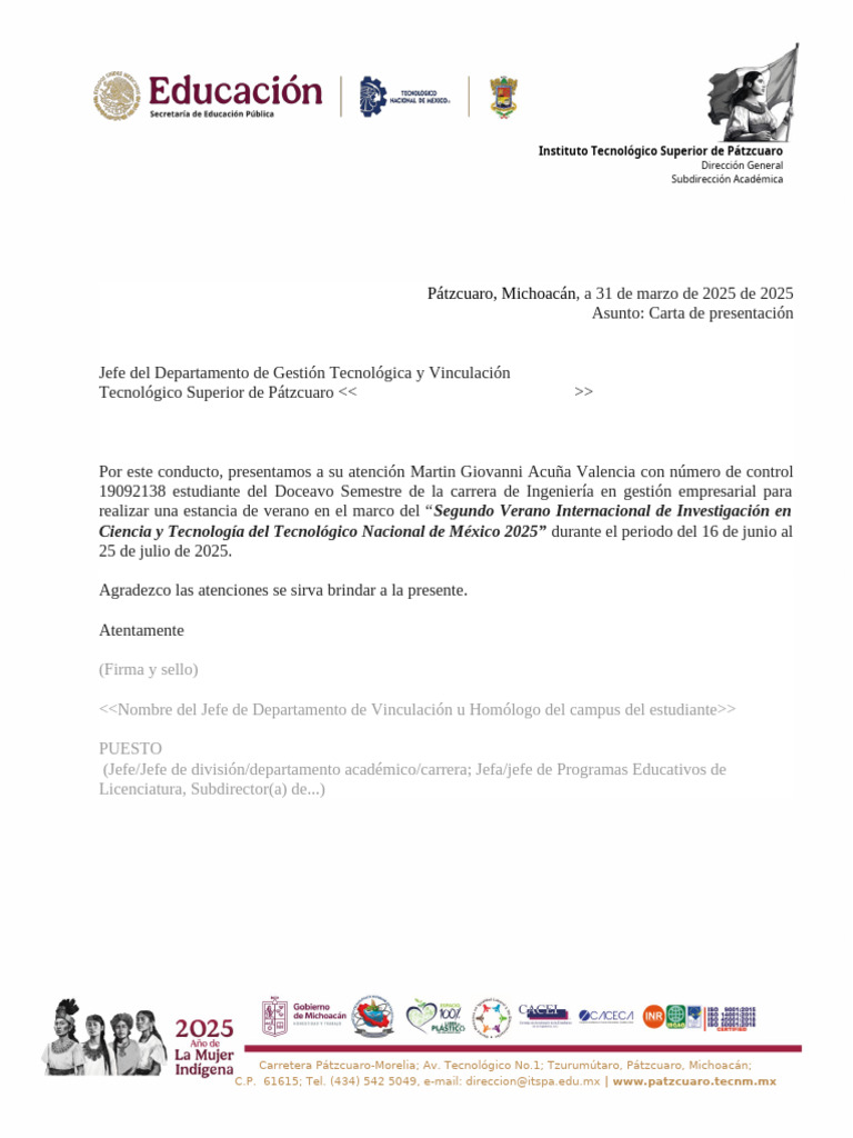 Carta de Presentación Verano TECNM 2025 (1) (1) Nvo | PDF