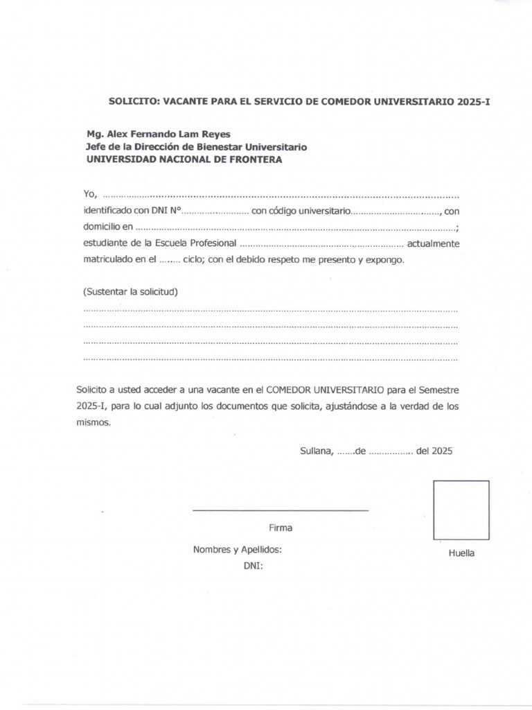 SOLICITUD PARA ACCEDER AL SERVICIO DE COMEDOR UNIVERSITARIO | PDF