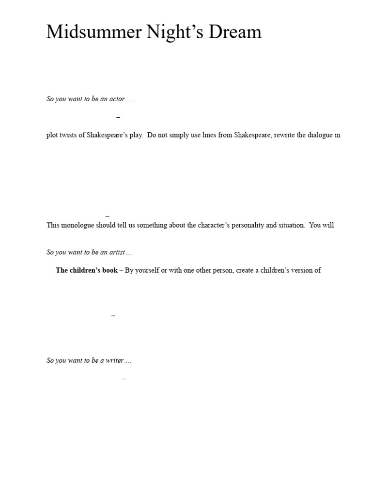 Midsummer Night's Dream Project Options | PDF