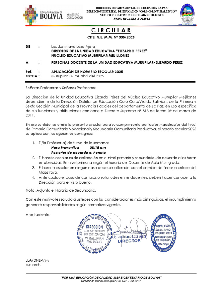 Circular #005-2025 Aplicacion Del Horario Escolar | PDF | Comunicación humana | Jerarquía