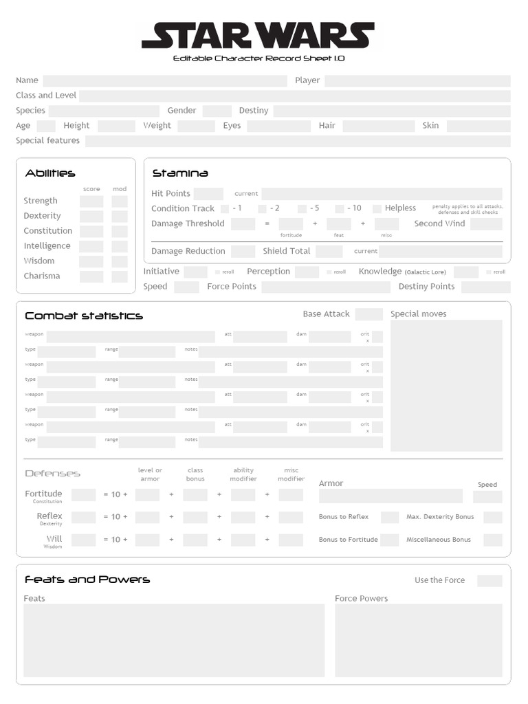 SWSE Editable Character Sheet | PDF | Role Playing Games