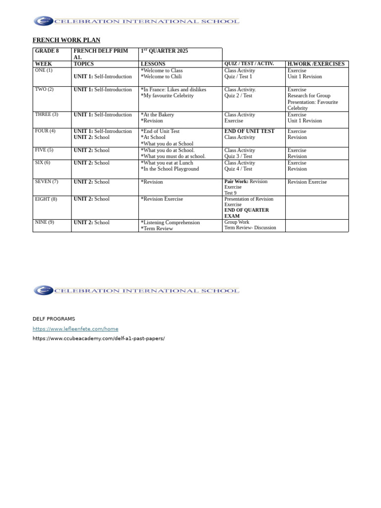 Grade 8 French DELF A1 Work Plan | PDF