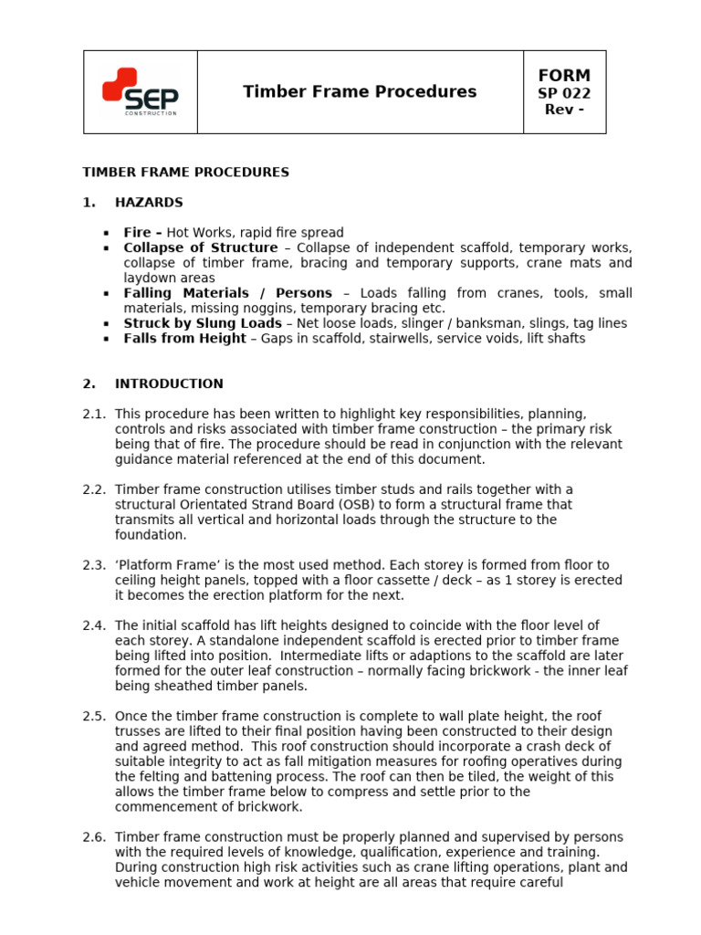 Timber Frame Construction Safety Procedures | PDF | Framing ...