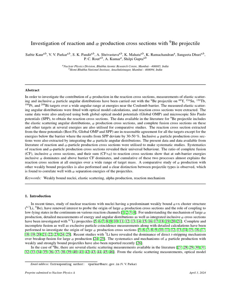 Investigation of reaction and α production cross sections with 9Be ...