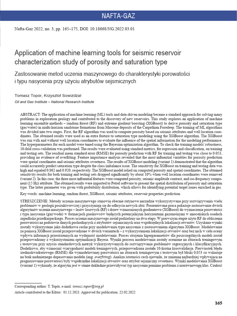 Application of machine learning tools for seismic reservoir | PDF