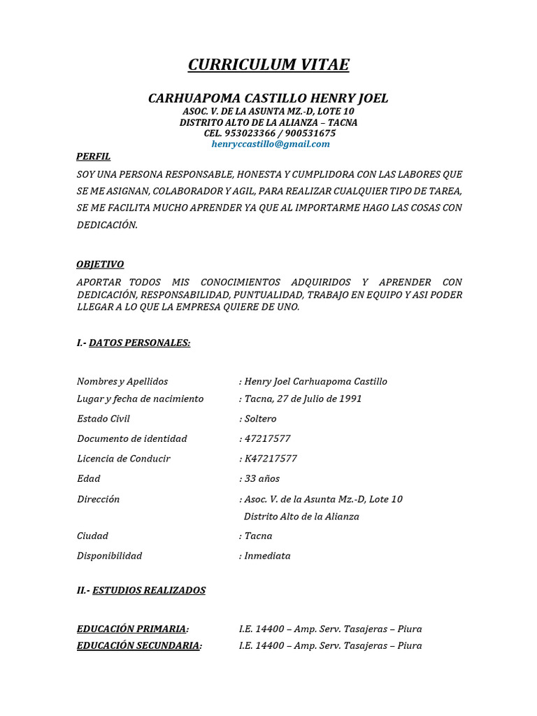 Curriculum Vitae Henry Carhuapoma - 2023 | PDF | Información | Derecho laboral