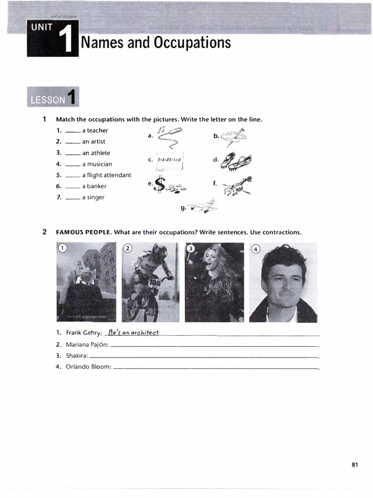 Names and Occupations: 1 Match The Occupations With The Pictures Write ...