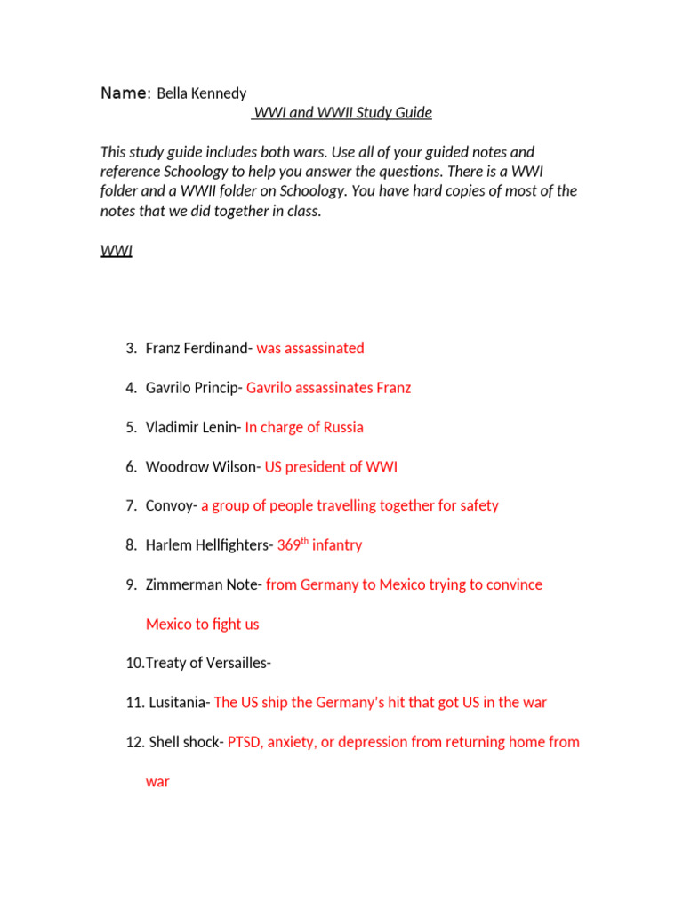 Study Guide-WWI and WWII-quiz | PDF | World War I | World War II