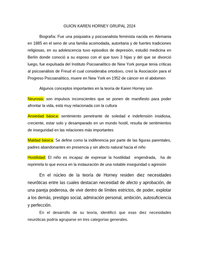 Guion Karen Horney Grupal 2024 Resumido | PDF | Neurosis | Psicoanálisis