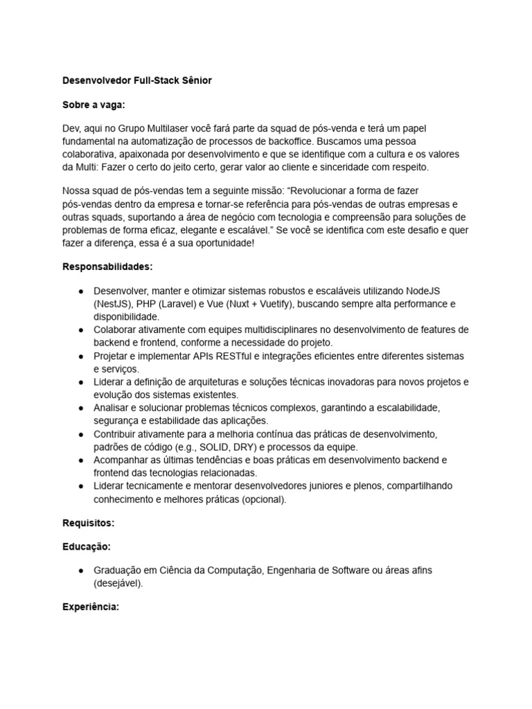Vaga para Desenvolvedor Full-Stack Sênior | PDF | Informática ...