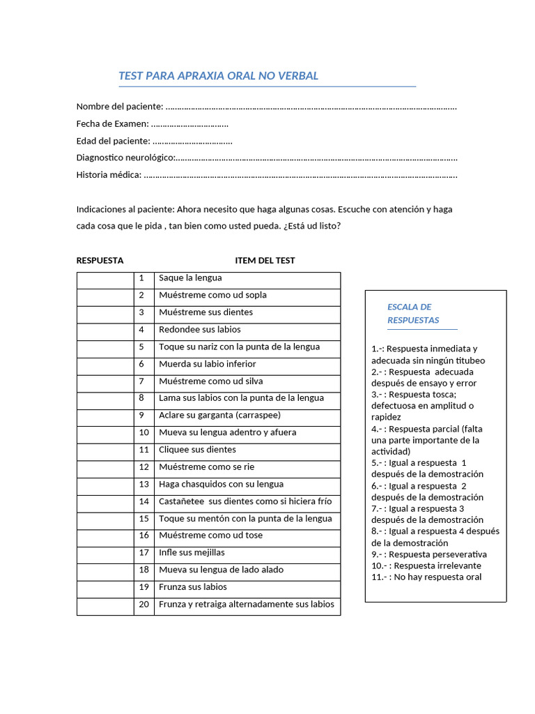 Test para Apraxia Oral No Verbal | PDF