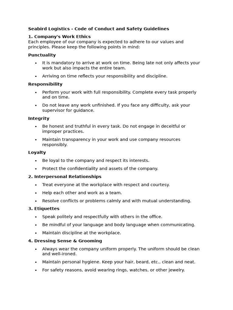 Seabird Logistics Code of Conduct - English | PDF | Personal Protective ...