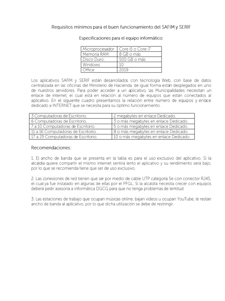 Requisitos Mínimos para El Buen Funcionamiento Del SAFIM y SERIF | PDF