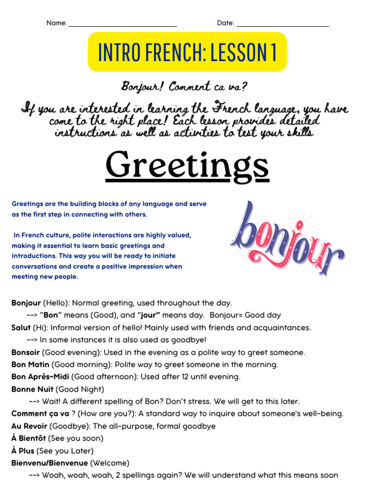 Intro French: Lesson 1: Greetings | PDF | Linguistics