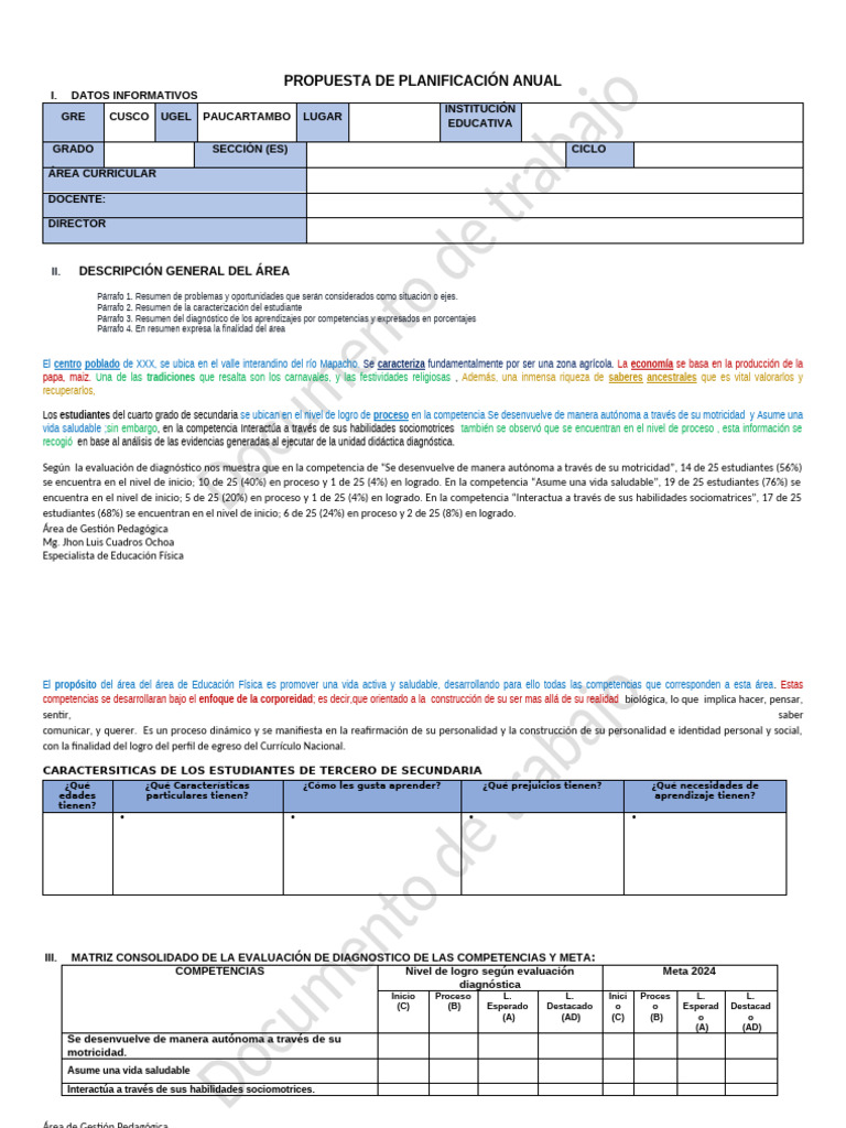 Esq. Sugerido de Planif. Anual 2025 Jhon | PDF | Evaluación | Aprendizaje
