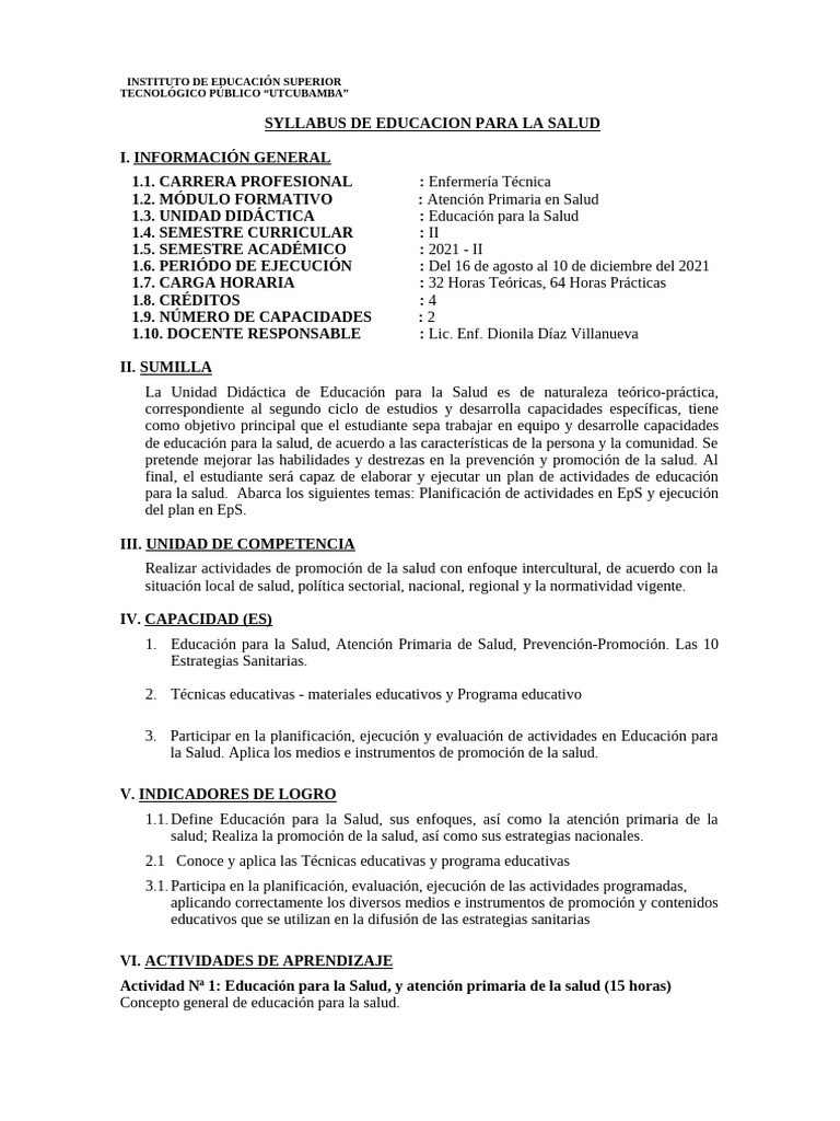 Syllabus Educación para la Salud Enfermería | PDF | Educación para la salud