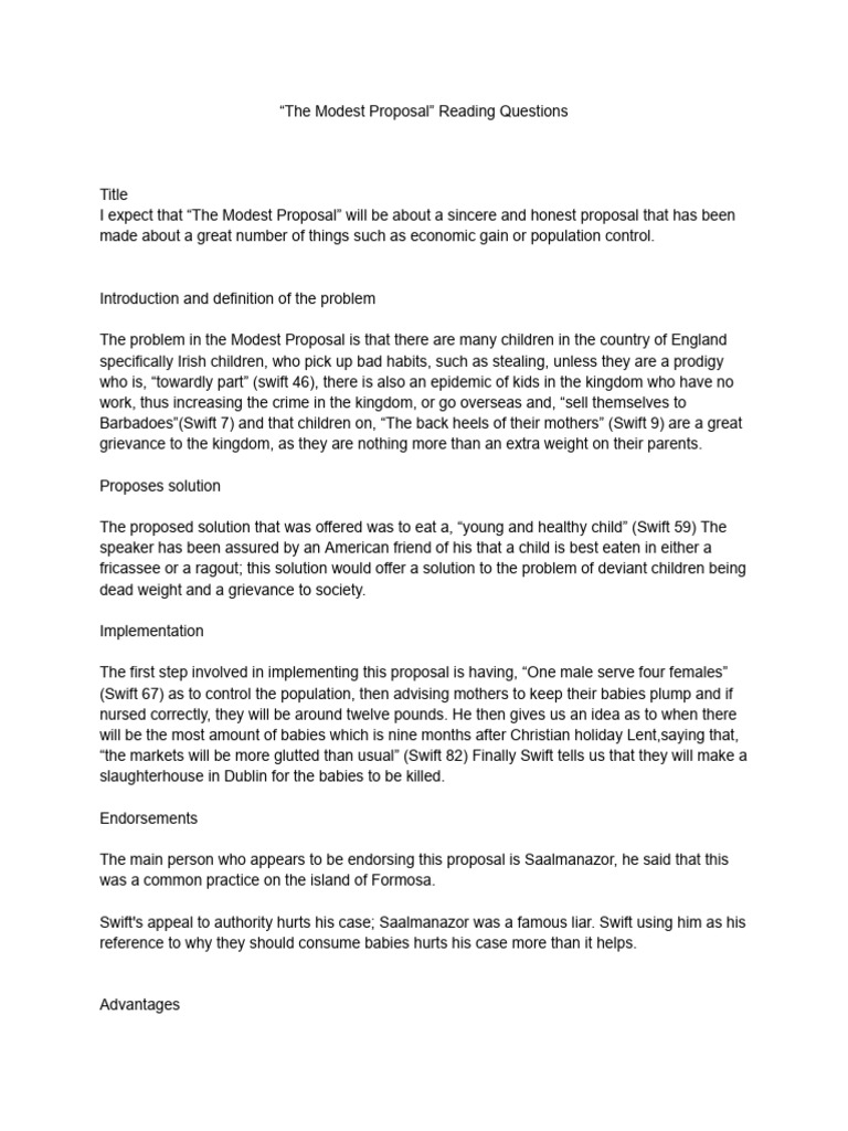 "The Modest Proposal" Reading Questions | PDF