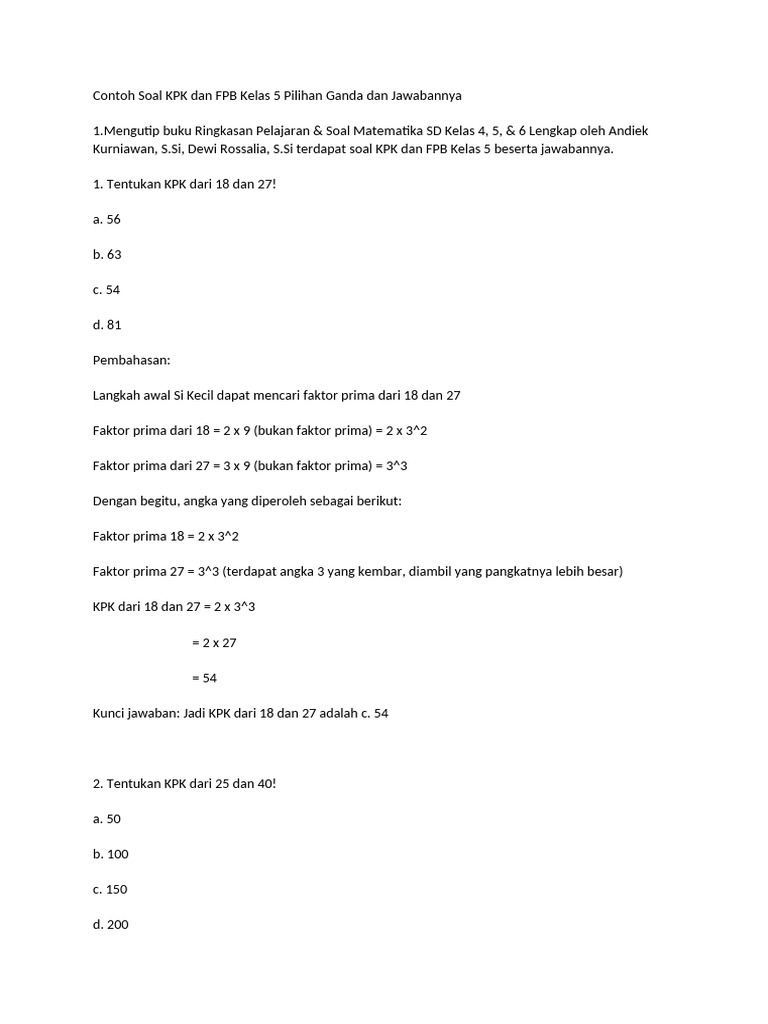 15 Contoh Soal KPK Dan FPB Kelas 5 Pilihan Ganda Dan Jawabannya | PDF