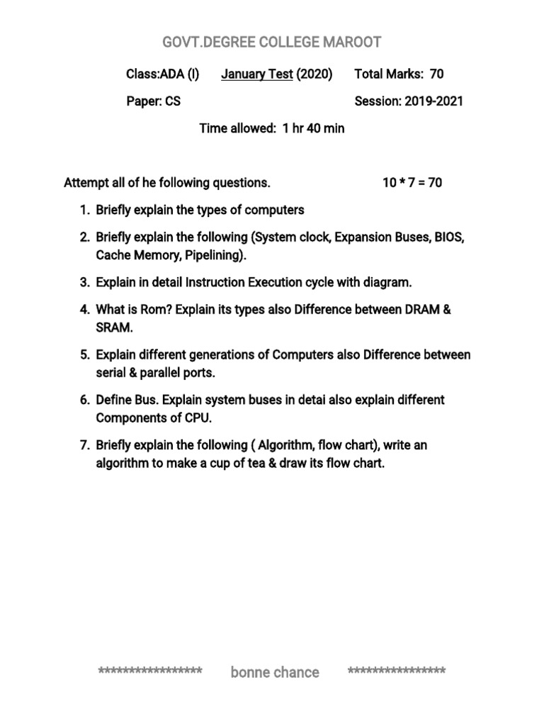 ADA Class January 2020 CS Test Paper | PDF