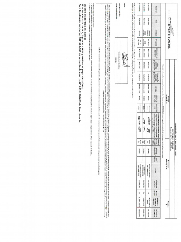 Formato Carné Firmado Personal Arcomat | PDF