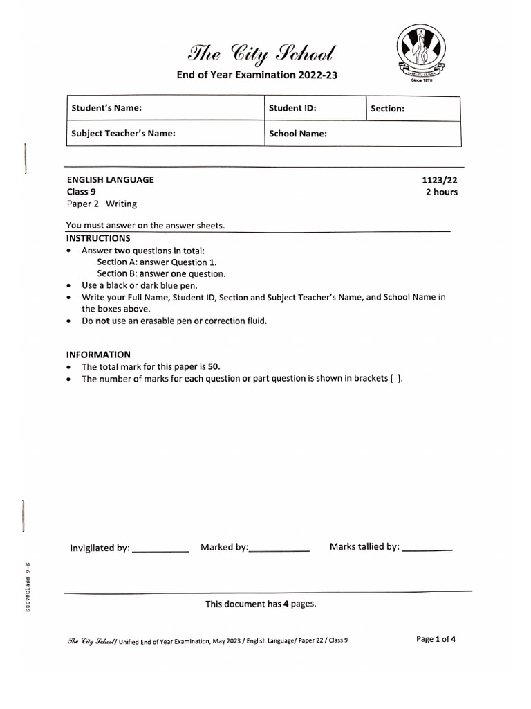 Eng p2 City School Past PPR | PDF