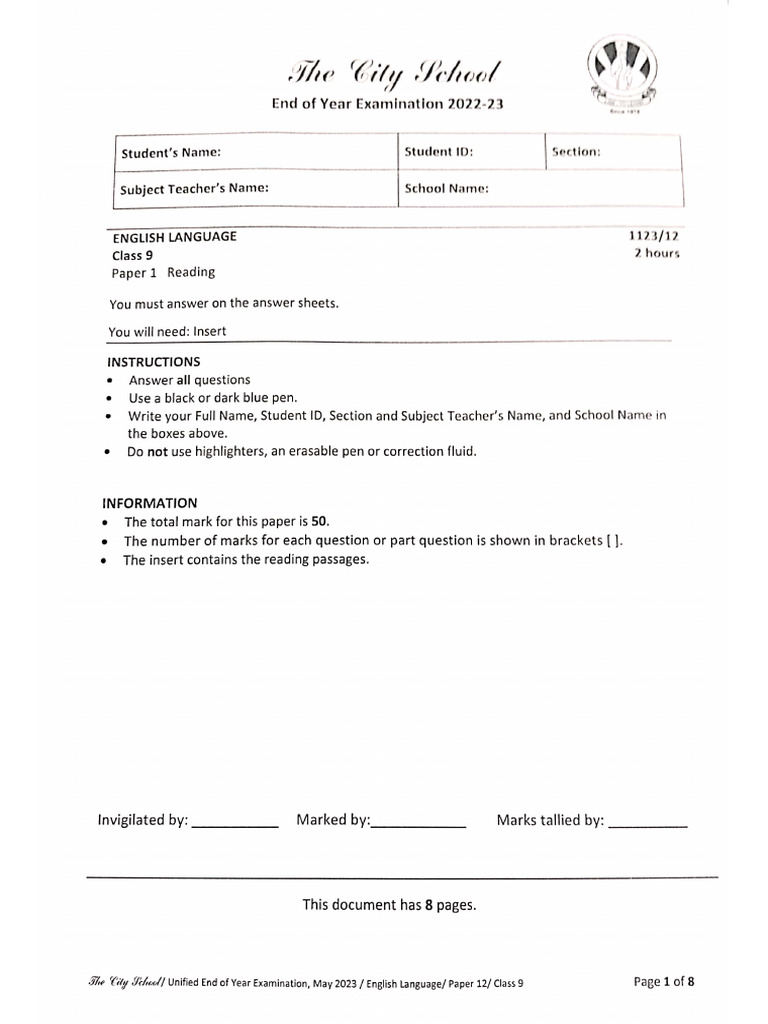 Eng p1 City School Past PPR 2019 | PDF