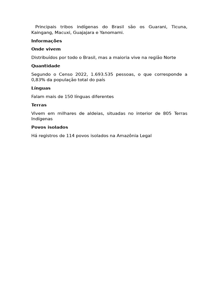 Principais Tribos Indígenas do Brasil | PDF