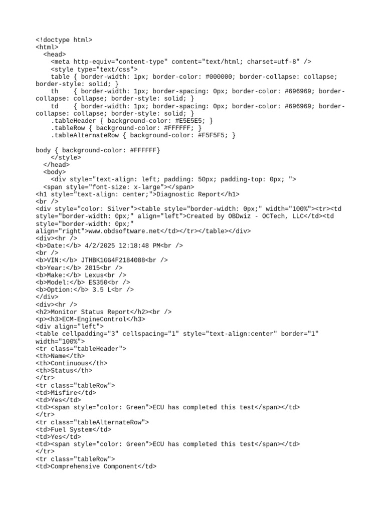 Diagnostic Report Lexus 4225 Export | PDF | Throttle | Horsepower