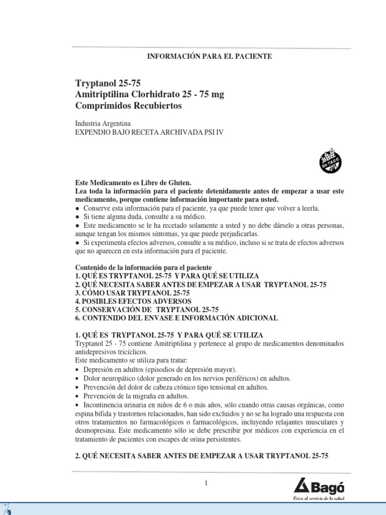 Tryptanol 25 75 CoR Info P Paciente Disp. 5596 22 | PDF | Trastorno depresivo mayor | Antidepresivo