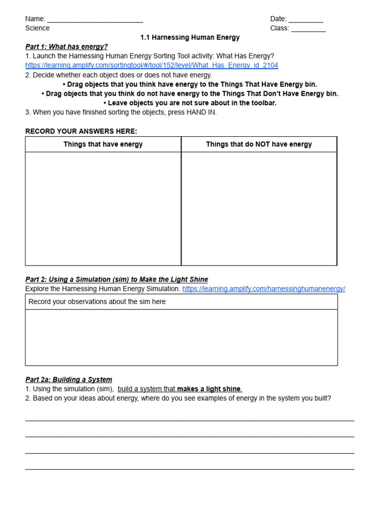1.1 Harnessing Human Energy Student Worksheet | PDF