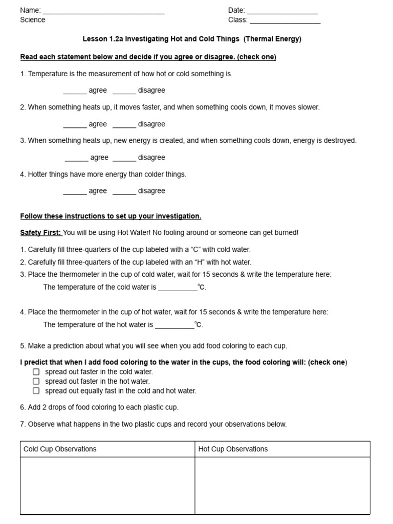 1.2a Thermal Energy Unit Student Worksheet | PDF | Temperature | Heat