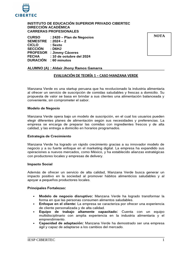 2420 Plan de Negocios D6HJ 00 T2 Jimmy Caceres Anticona | PDF | Entrega ...